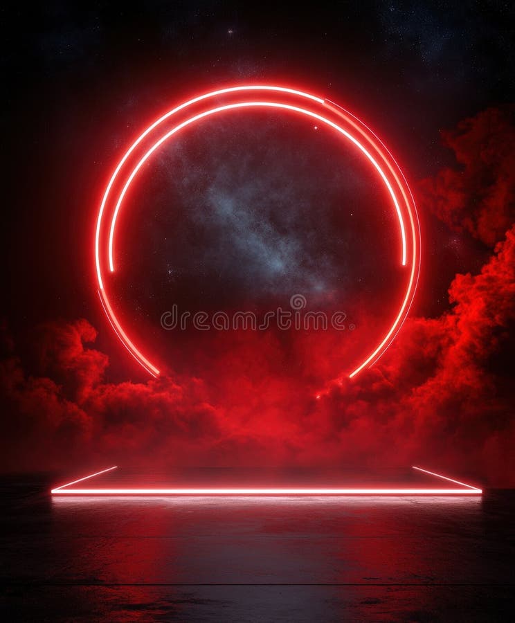 Red Neon Circle and Platform on Dark Background with Clouds Stock ...