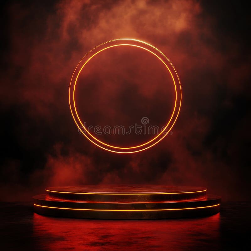 Red Neon Circle and Platform in Smoke. Stock Illustration ...