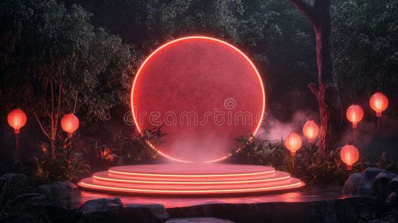 Red Neon Circle Stage Surrounded by Lush Forest and Lanterns Stock ...