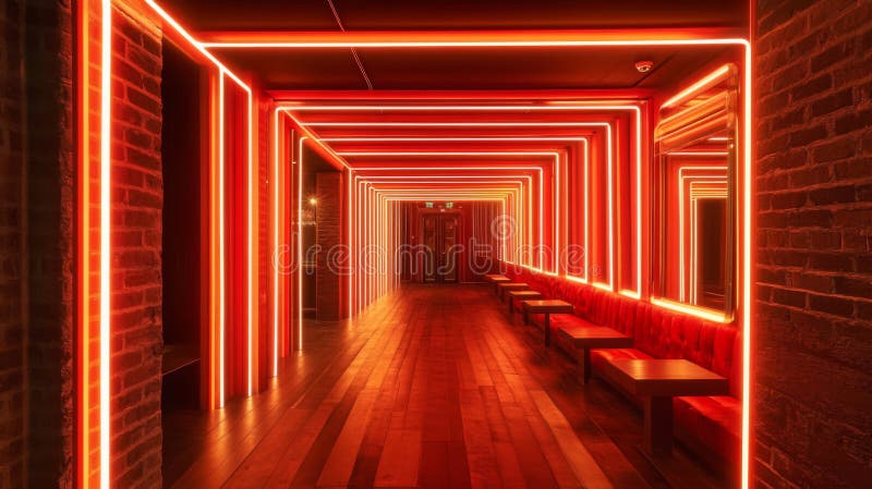 Red Neon Corridor Interior Design with Brick Walls Stock Illustration ...
