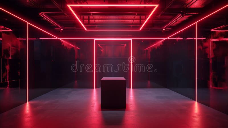 Red Neon Cube Display in Reflective Dark Room Stock Image - Image of ...