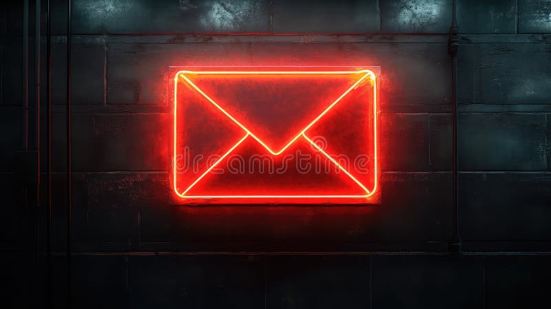 Red Neon Envelope Sign Illuminated Against a Dark Background with Bold ...
