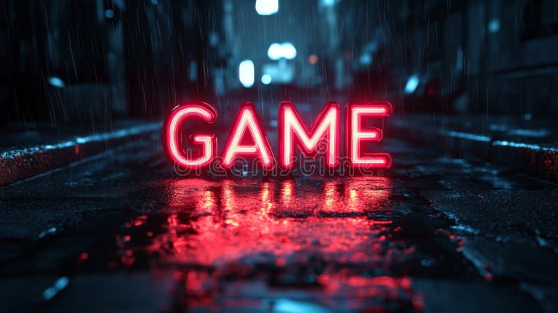 Red Neon Game Sign in Rainy City at Night Stock Illustration ...