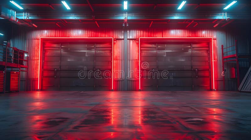 Red Neon Glow: Industrial Minimalist Garage. Concept Industrial Setting ...