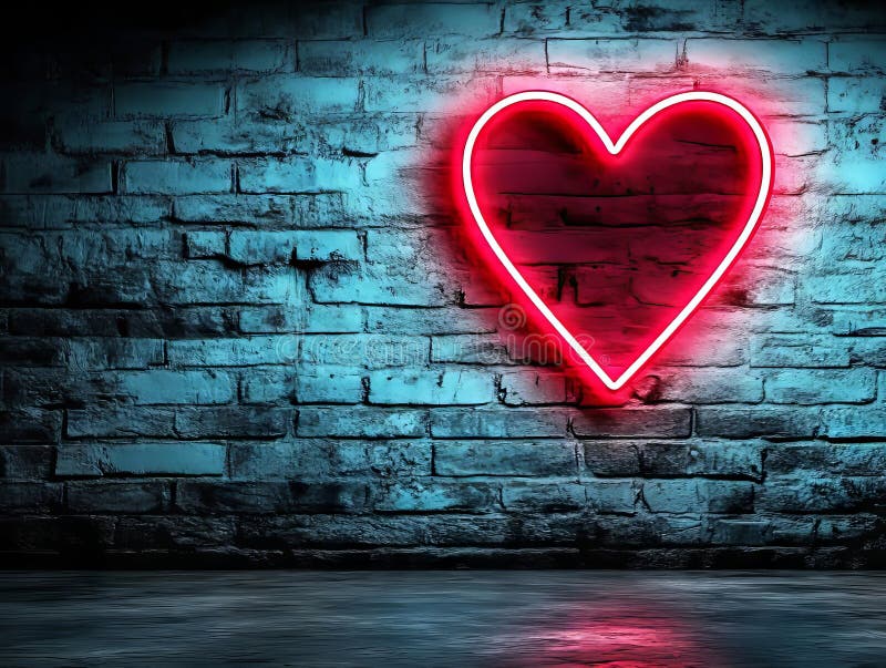 A Red Neon Heart on a Brick Wall in a Dark Room Stock Image - Image of ...