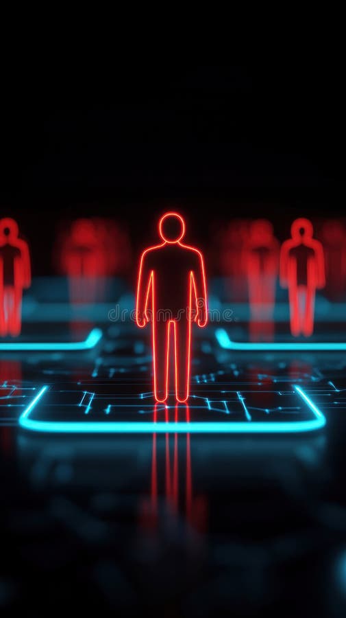 Red Neon Human Icon on Futuristic Digital Grid Stock Illustration ...