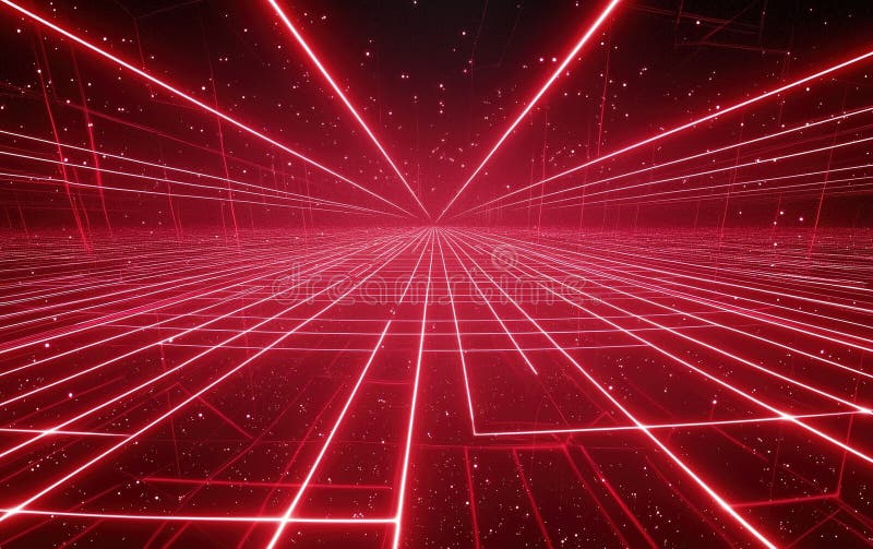 Red Neon Laser Lines Create an Expansive Grid Illusion in a Digital ...