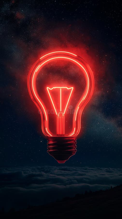 Red Neon Light Bulb in Starry Night Sky, Creative Inspiration Concept ...
