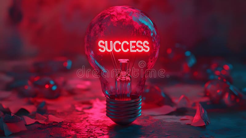 Red Neon Light Bulb with Success Word, 3D Illustration Stock ...