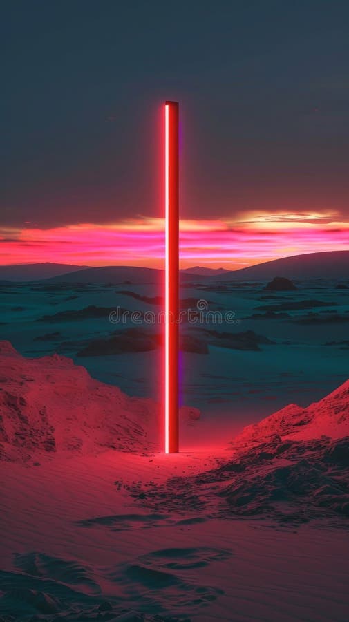 Red Neon Light Pillar in a Snowy Landscape at Dusk Stock Image - Image ...