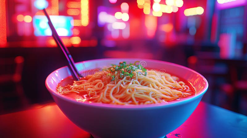 Red Neon Light Reflecting in a Bowl of Soup Noodles . Stock Image ...