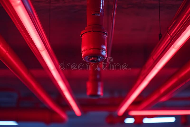 Red Neon Lights Illuminate Industrial Pipes Creating a Dramatic Scene ...