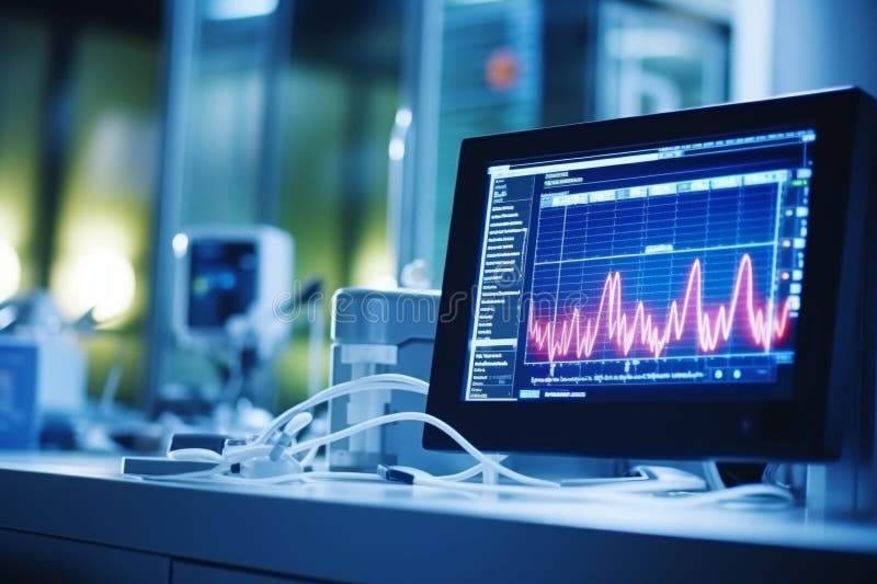Red Neon Line on Blue Lab Monitor, Waveform Display in Scientific ...