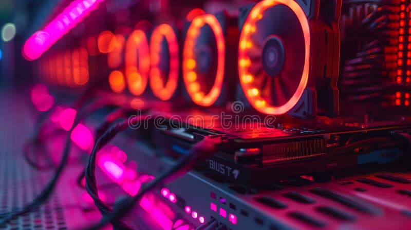 Red Neon-lit GPUs in a Cryptocurrency Mining Computer Rig. Stock Image ...