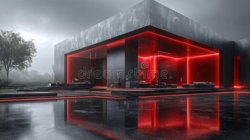 Red Neon Modern House Design Stock Image - Image of building, scene ...