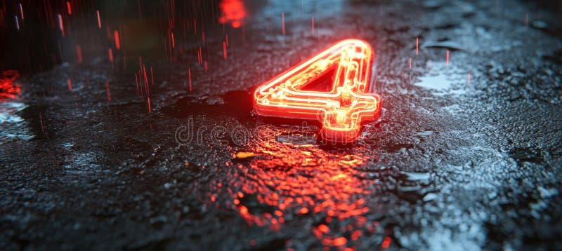 Red Neon Number 4 Glowing on Wet Dark Background with Water Drops and ...