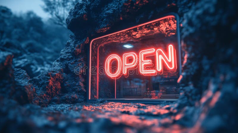 Red Neon Open Sign in a Dark Blue Cave Stock Illustration ...