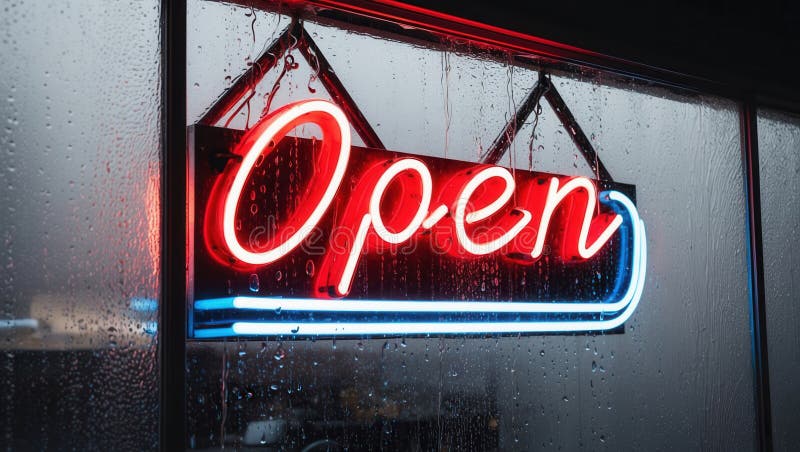 Red Neon Open Sign Glowing Behind Rainy Window Display Stock ...