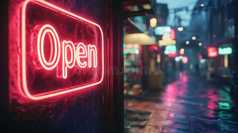 Red Neon Open Sign in a Rainy City at Night Stock Illustration ...