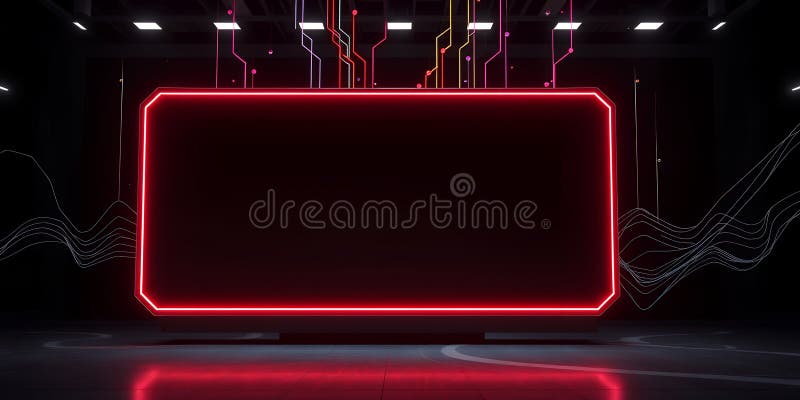A Red Neon Rectangle Frame with Colorful Circuit Lines Above and Wavy ...