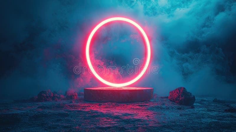 Red Neon Ring Above Platform, Smoky Clouds, Rocks, Product Display ...