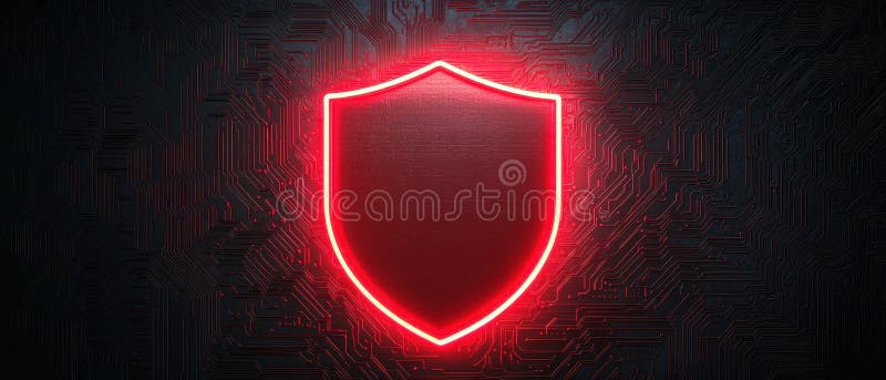 Red Neon Shield on Circuit Board Cyber Security Data Protection ...