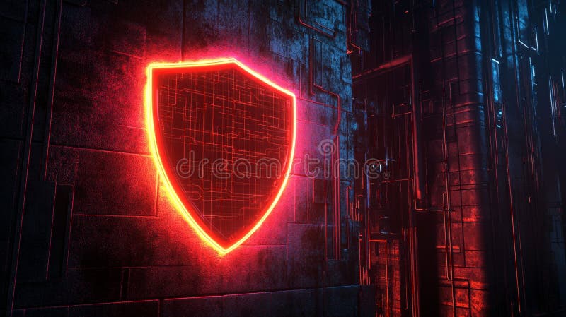 Red Neon Shield Glowing on a Dark Tech Wall, Cyber Security Theme ...