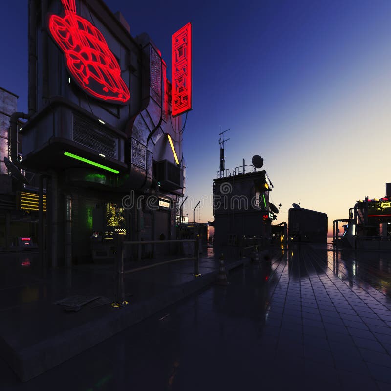 A Red Neon Sign on Top of a Building, 3d Rendering Stock Illustration ...