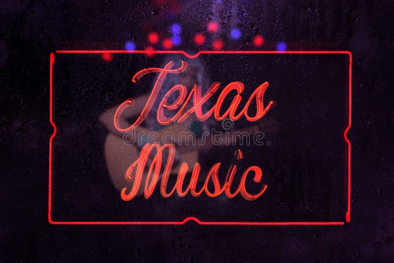Red Neon Texas Music Sign in Rainy Window Stock Photo - Image of melody ...