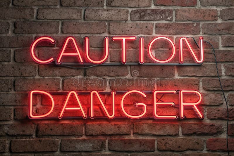 Red Neon Warning Sign on a Brick Wall Showing Caution - Generated by Ai ...