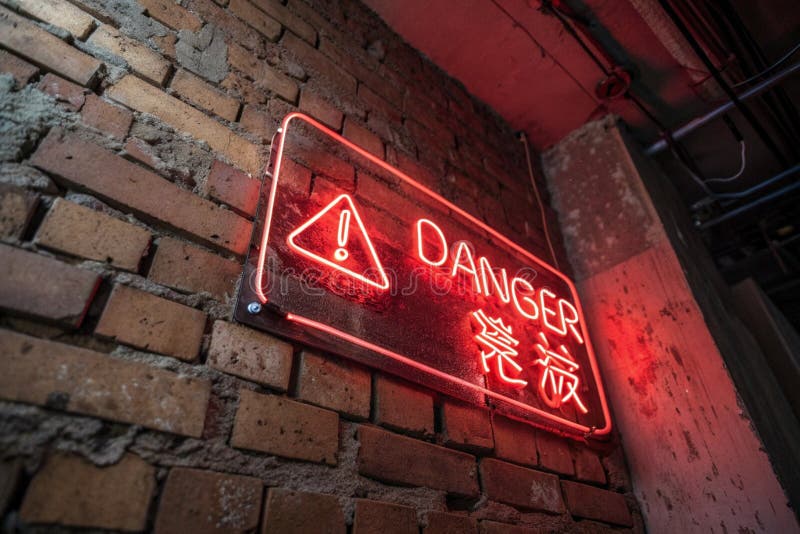 Red Neon Warning Sign on a Brick Wall Showing Caution - Generated by Ai ...