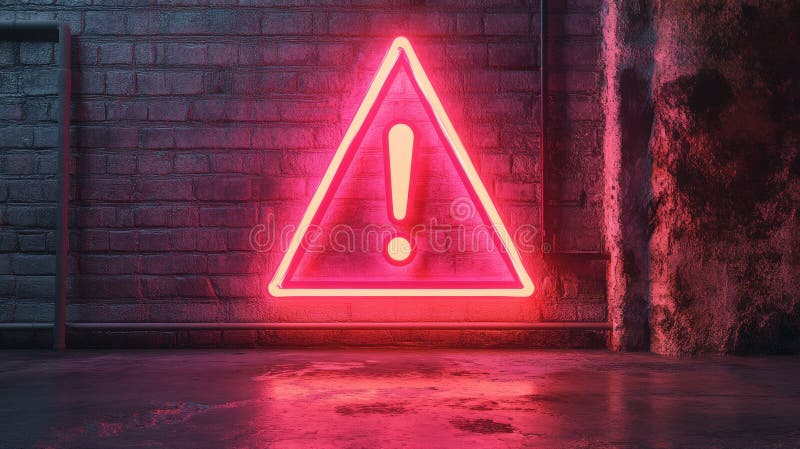 Red Neon Warning Sign Glowing on a Dark Brick Wall Background Stock ...