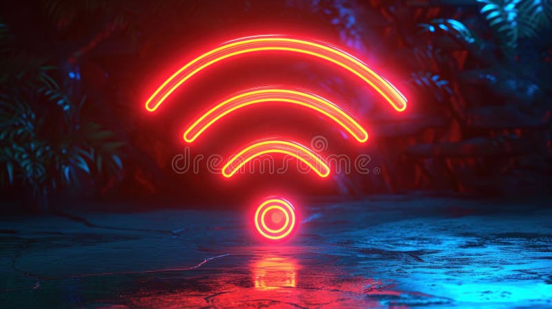 Red Neon Wifi Icon, with Reflection on a Wet Concrete Surface, on a ...