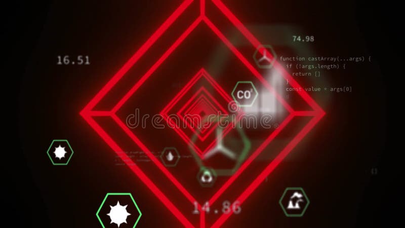 Red Nested Diamond Structure Moving Toward Center Displaying Floating Green Hex Icons and Code ...