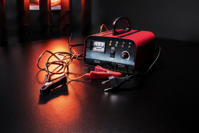Red New Car Battery Charger with Ammeter and Terminals Stock Photo ...