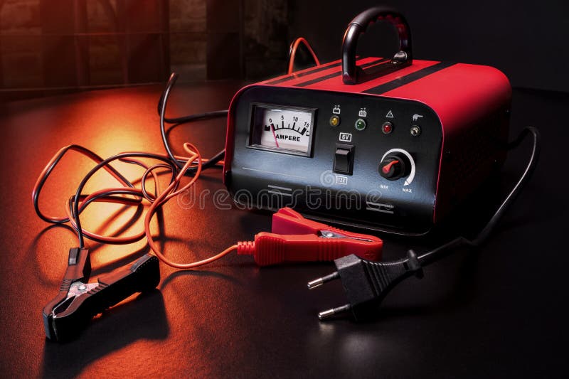 Red New Car Battery Charger with Ammeter and Terminals Stock Image ...