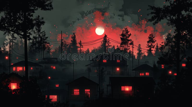 Red Night Sky Over a Dark Forest Village Stock Illustration ...