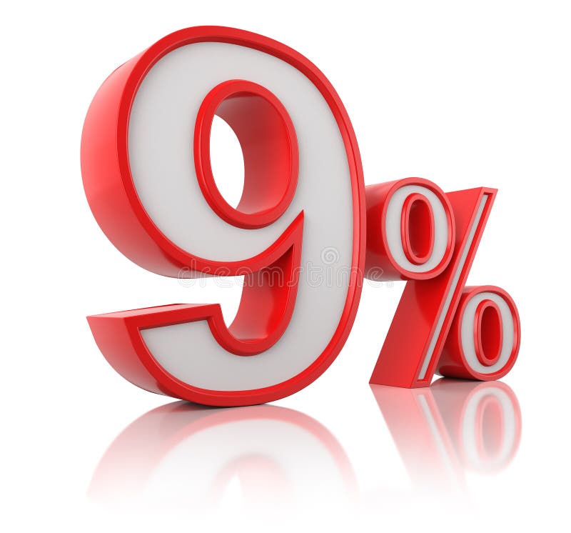 Red Nine Percent on White Reflective Background. 3d Rendering ...