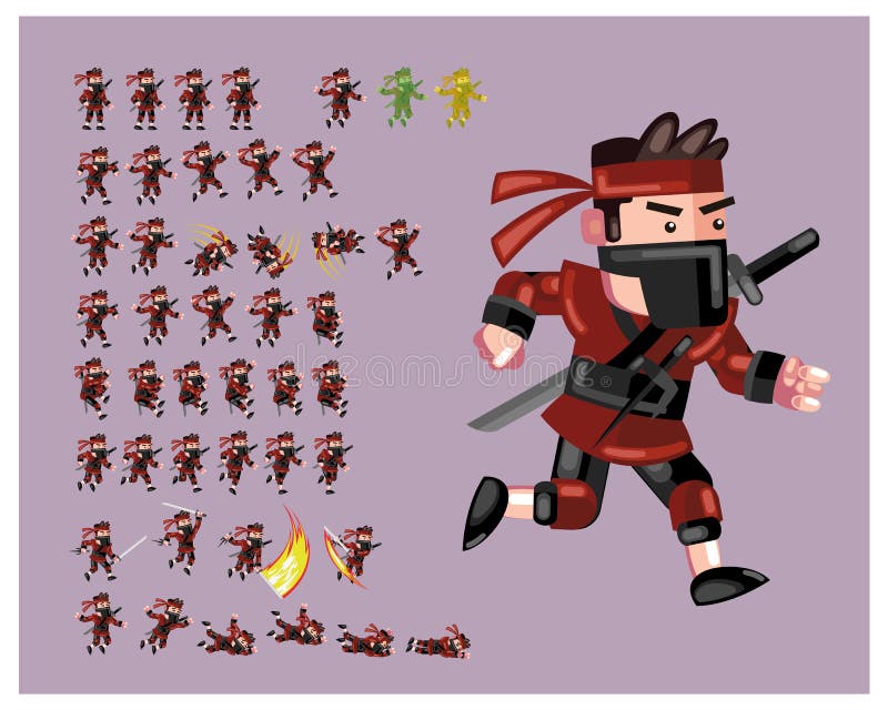 Red Ninja Flat Cartoon Game Sprite Stock Vector - Illustration of ...
