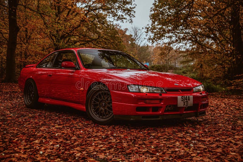 Red Nissan s14 in forest editorial stock image. Image of outdoors ...