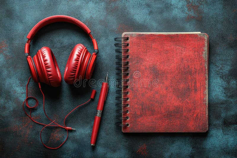 Red Notebook, Pen, and Headphones on a Dark Surface: Top View W Stock ...