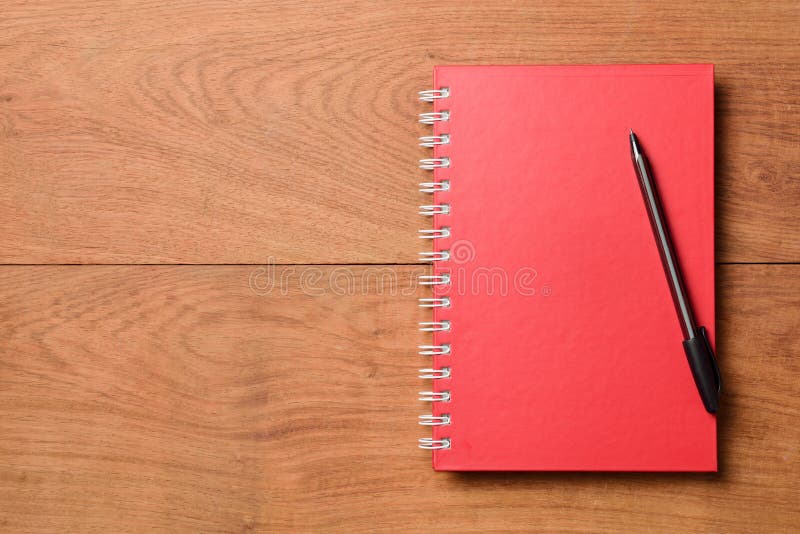 Red Notebook with Pen on Wood Table Stock Photo - Image of book, page ...