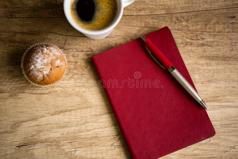 Red Notebook with Pen on Wooden Table Stock Image - Image of paper ...