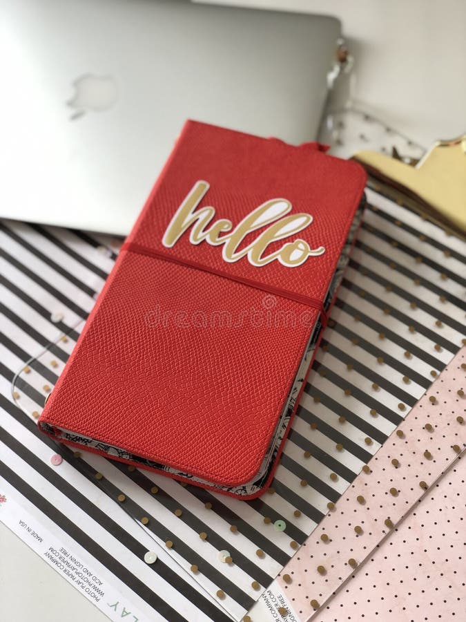 Red Notebook with Quote Hello, Laptop on the Table Stock Photo - Image ...