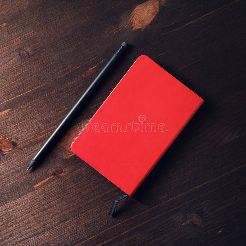 Red notepad, pencil stock photo. Image of business, education - 128832662