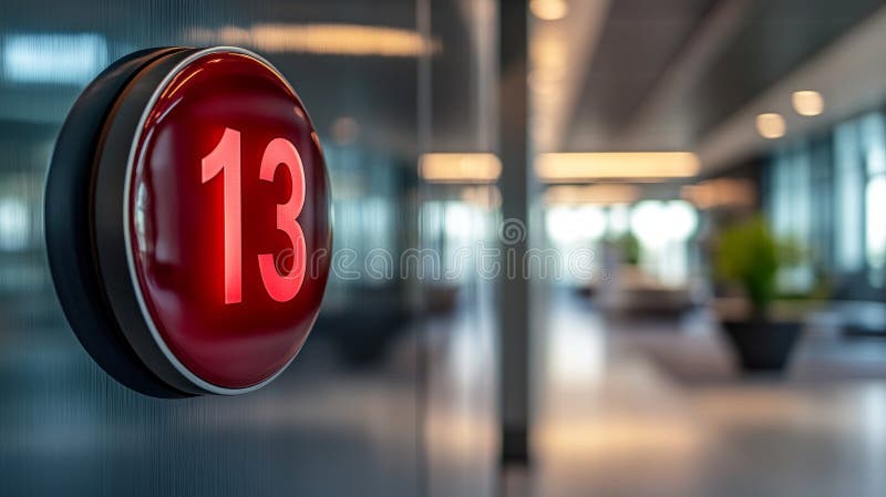 Red Number 13 Button in Modern Office Corridor Stock Photo - Image of ...