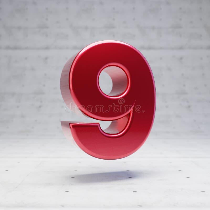 Red Number 9. Metallic Red Color Digit Isolated on Concrete Background ...