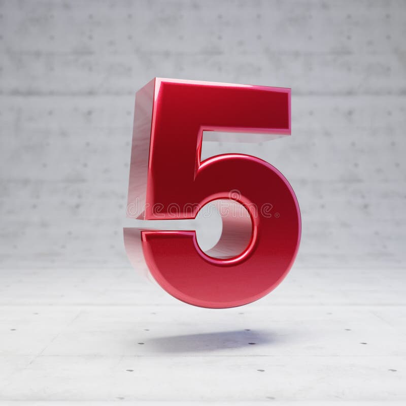Red Number 5. Metallic Red Color Digit Isolated on Concrete Background ...