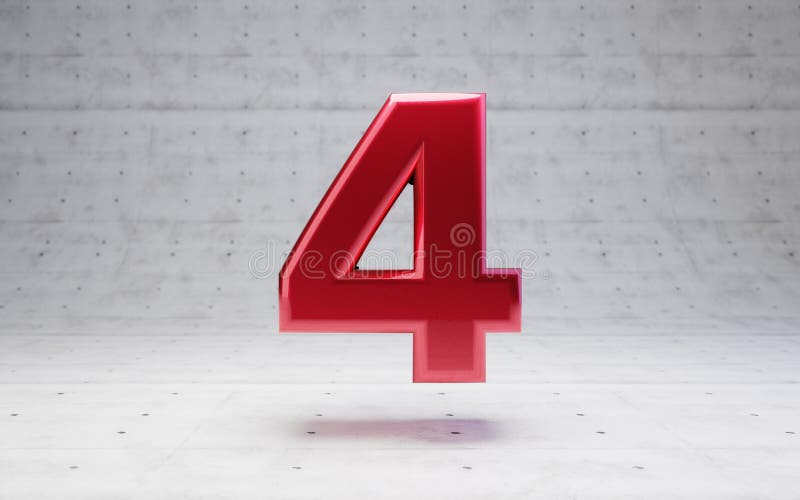 Red Number 4. Metallic Red Color Digit Isolated on Concrete Background ...