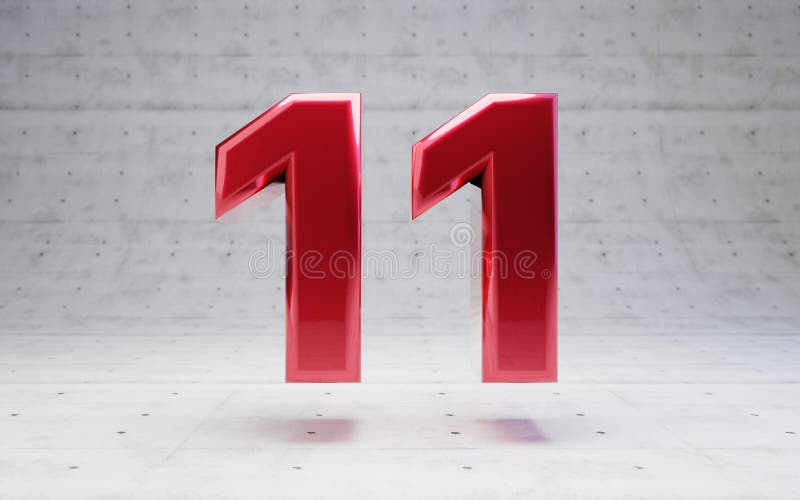 Red Number 11. Metallic Red Color Digit Isolated on Concrete Background ...